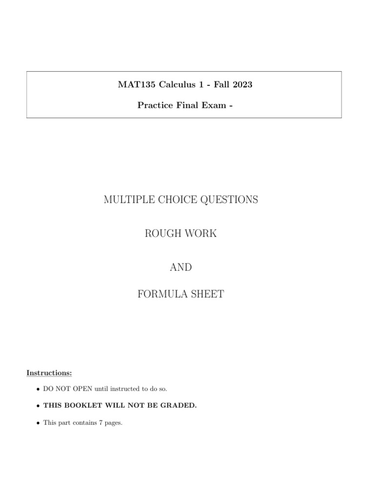 Mat135 f23 Exam MC Formulas | PDF | Calculus | Mathematical Relations