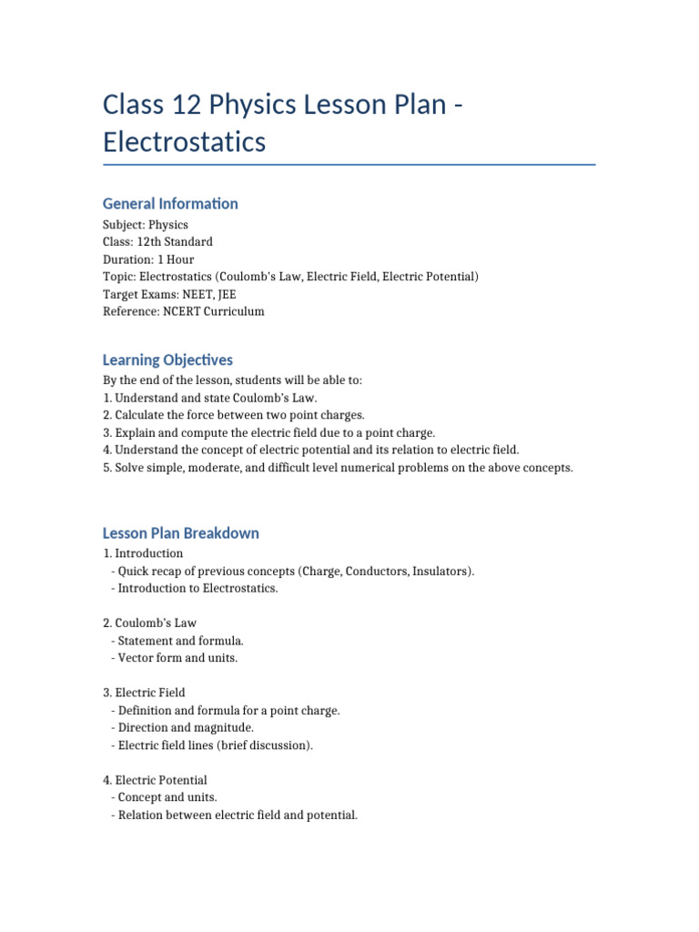 Class 12 Physics Lesson Plan Electrostatics | PDF