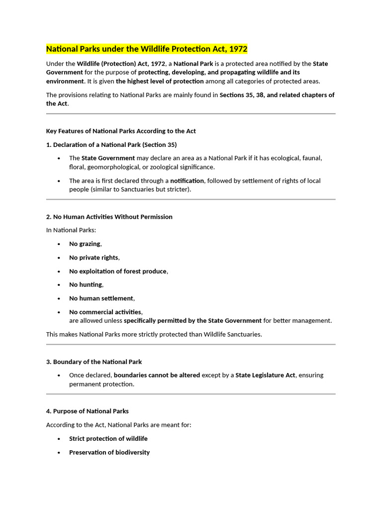 National Parks Under The Wildlife Protection Act | PDF | Conservation ...