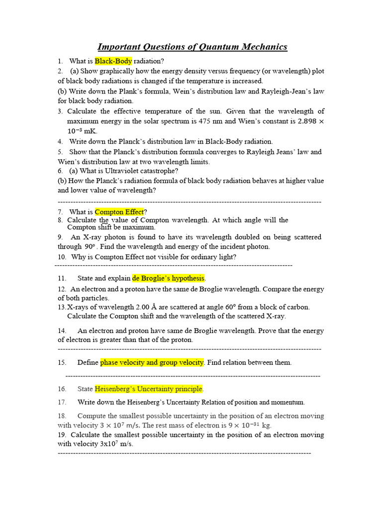 Quantum Mechanics Questions | PDF | Electromagnetic Radiation | Wavelength