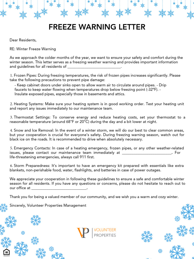 Freeze Warning Letter - Fillable | PDF