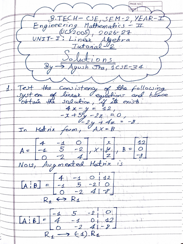 Unit 1 Linear Algebra Tutorial 2 Solutions Maths 2 | PDF