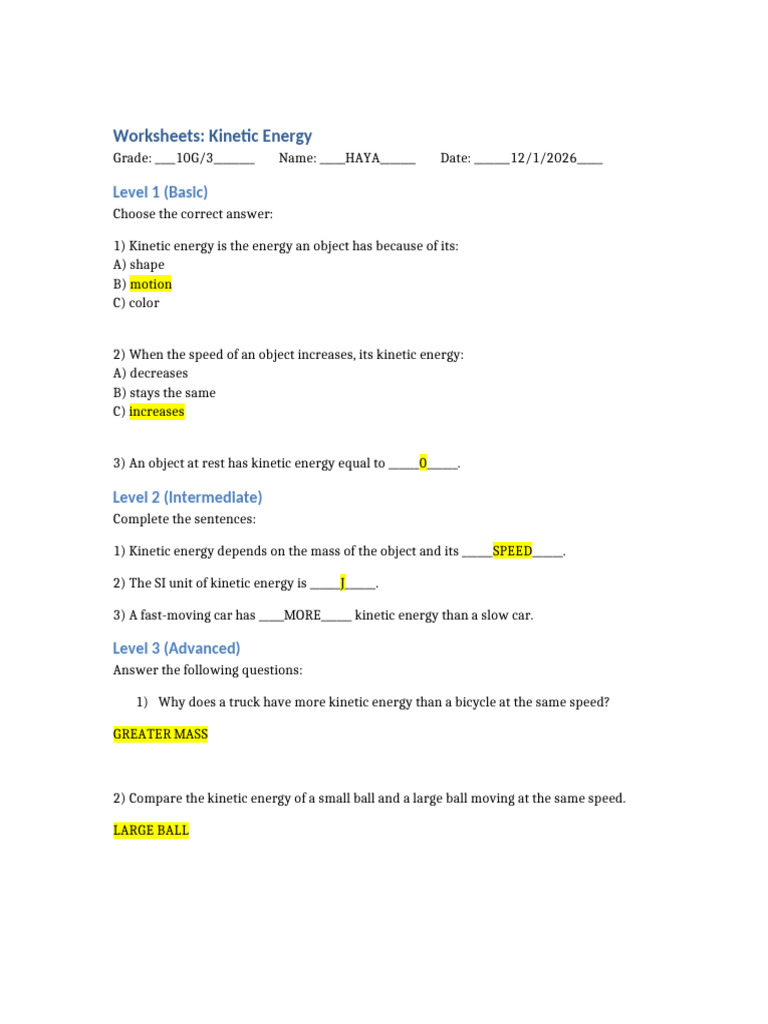 Kinetic Energy Worksheets 1 (1) | PDF