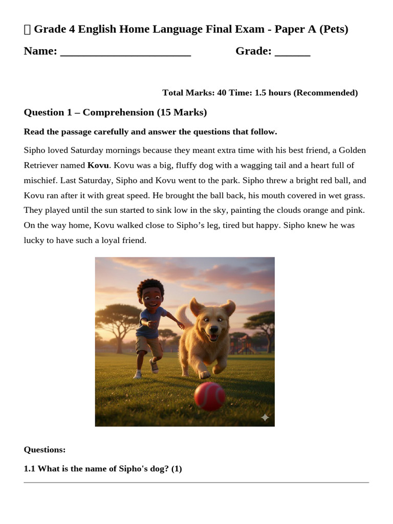 ? Grade 4 Final Exam English Home Language Final Exam Gemini | PDF ...