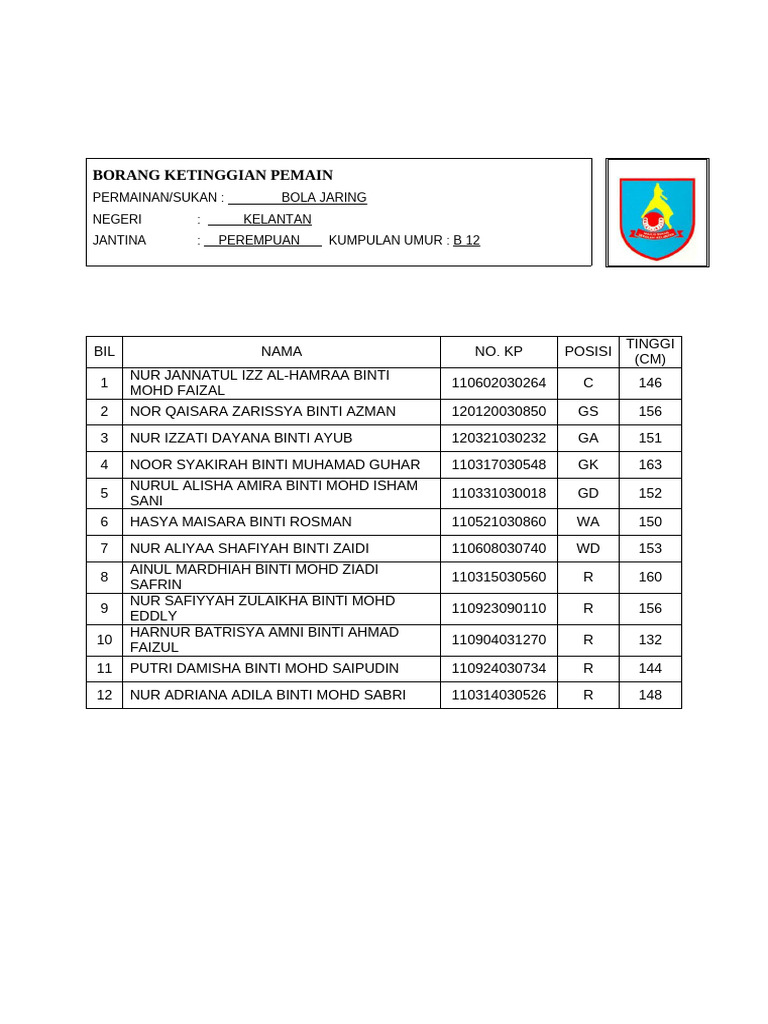 Borang Ketinggian & Posisi | PDF