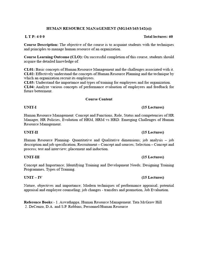 Human Resource Management Syllabus | PDF