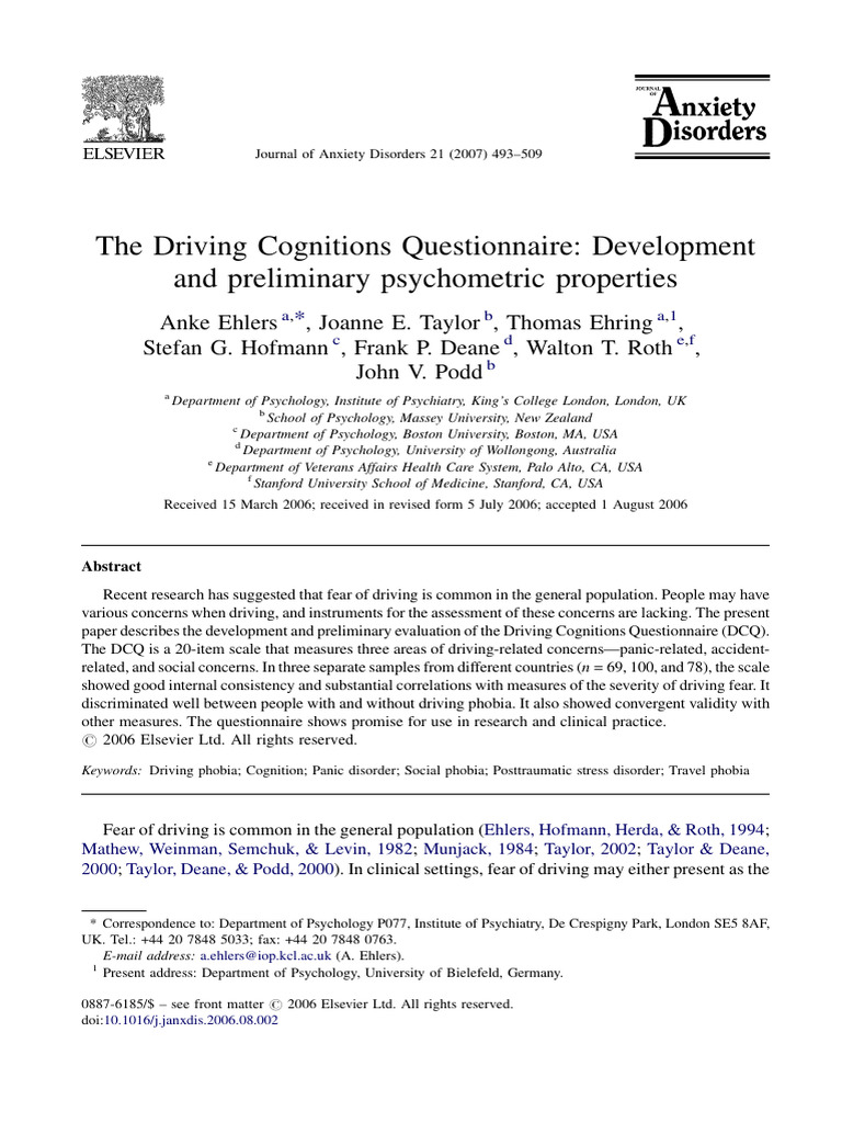 The Driving Cognitions Questionnaire Dev | PDF | Phobia | Agoraphobia