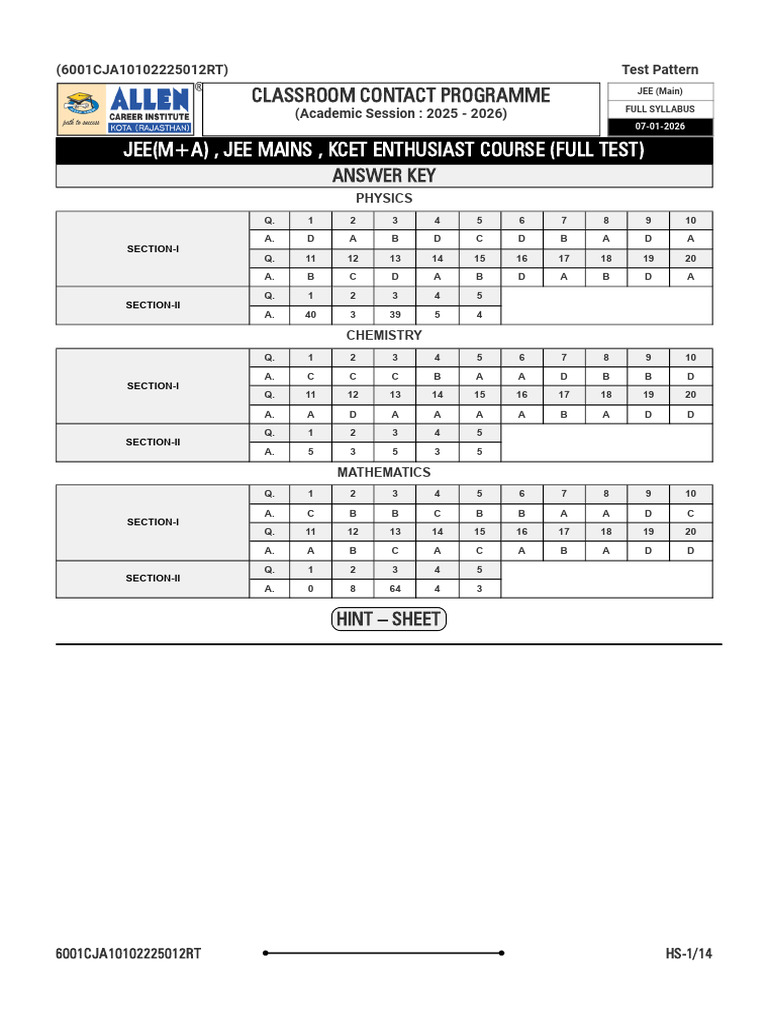 7-1-2026 Jee(m+a) , Jee Mains , Kcet Enthusiast Course (Full Test) Hs ...