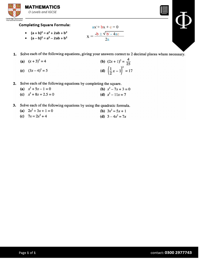 Completing Square Method (Solving Quadratic Equations) | PDF