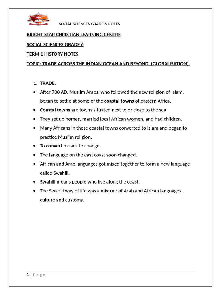 final grade 6 history notes | PDF
