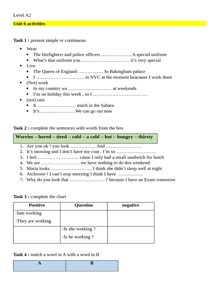 Level A2 Unit 6 Activities | PDF