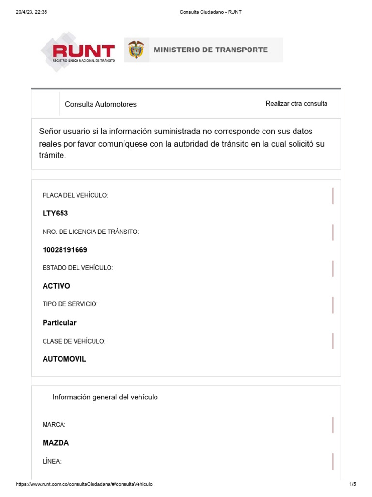 Consulta Ciudadano - RUNT 4p 2023 04-20 | PDF | Tecnología de vehículos ...