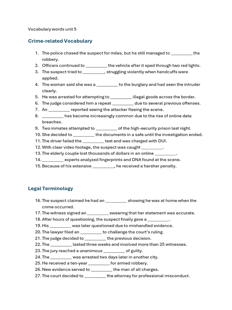 Vocabulary Words Unit 5 | PDF | Witness | Crimes