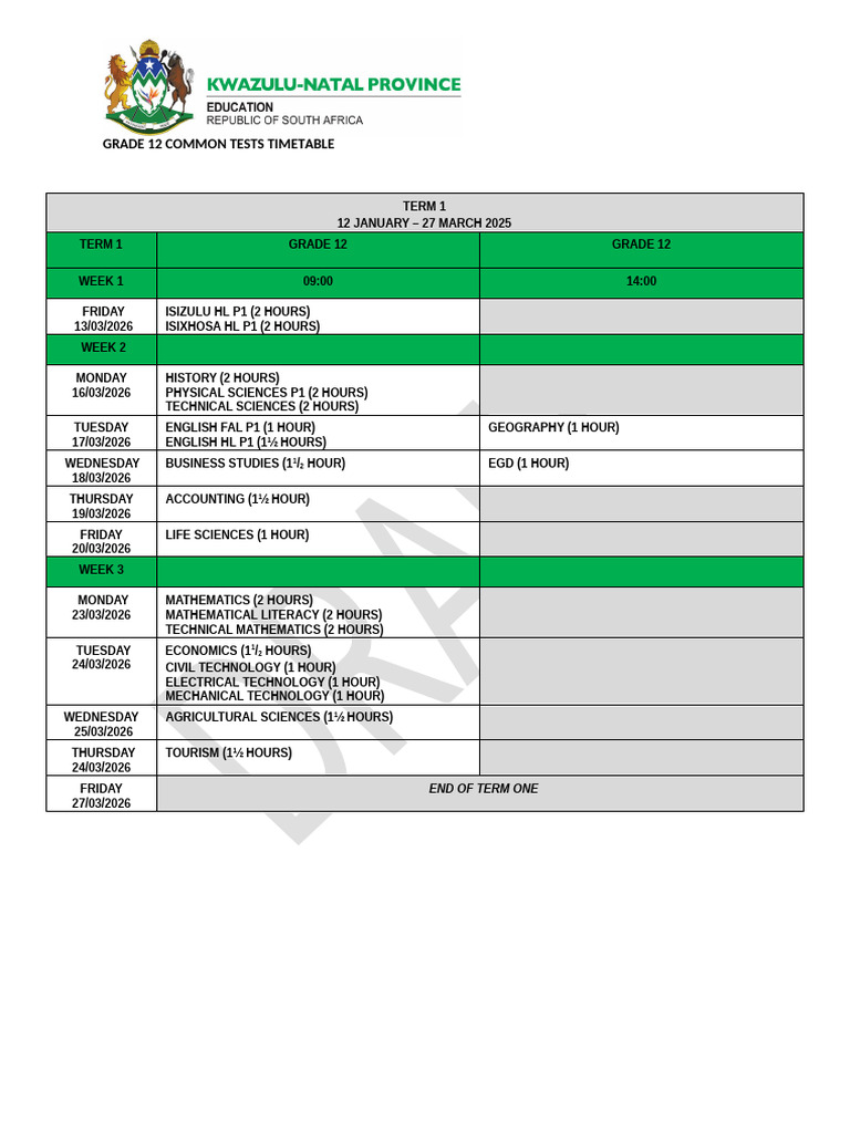 Grade 12 Common Tests Timetable 2026 Term 1 Suggestions | PDF