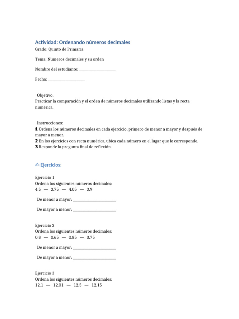 Actividad Numeros Decimales 5to | PDF