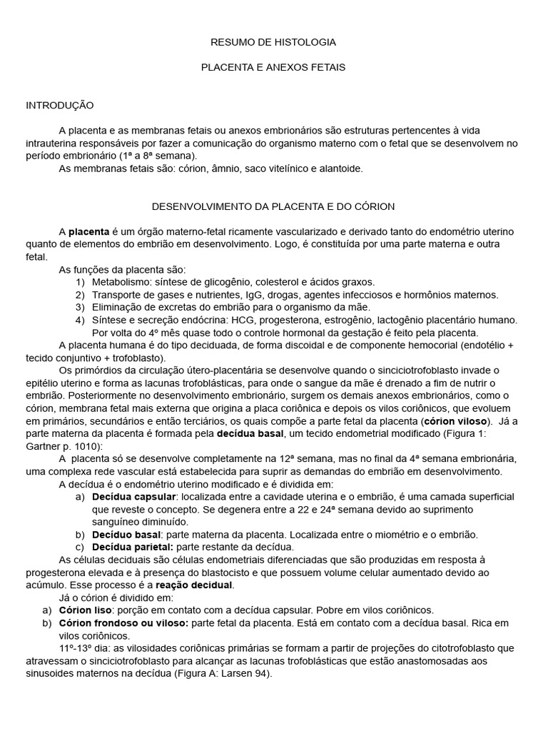 Resumo Placenta e Anexos + Formação Dos Gametas | PDF | Placenta | Ovário