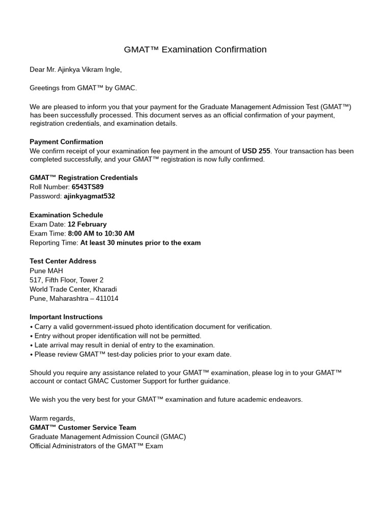 GMAT Confirmation Ajinkya Vikram Ingle | PDF