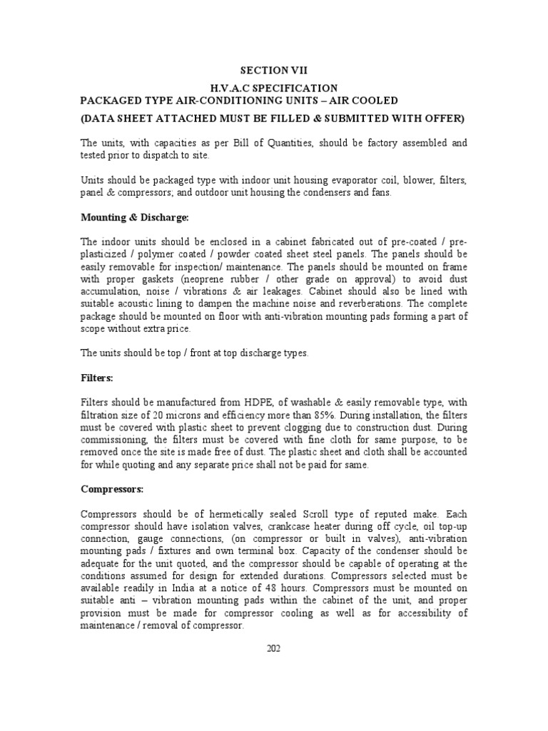 Section Vii H.V.A.C Specification Packaged Type Air-Conditioning Units - Air Cooled (Data Sheet ...