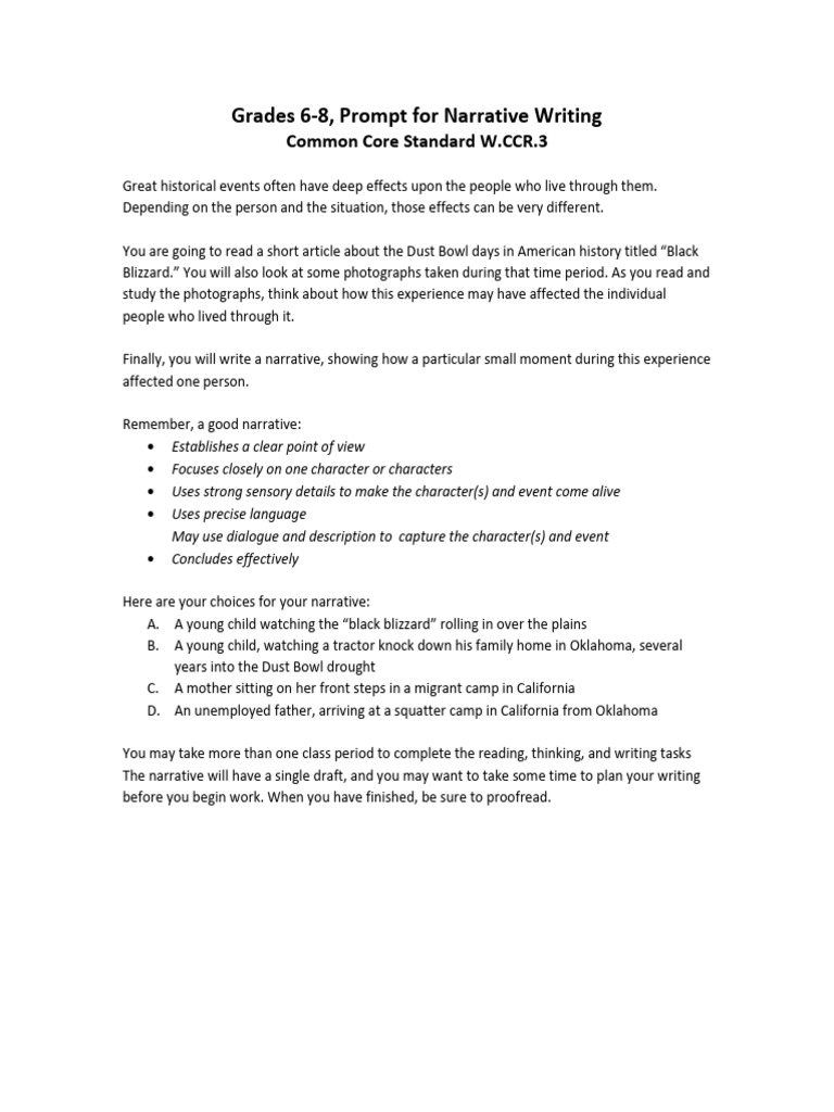 Narrative Writing District Assessment Student Directions + Article ...