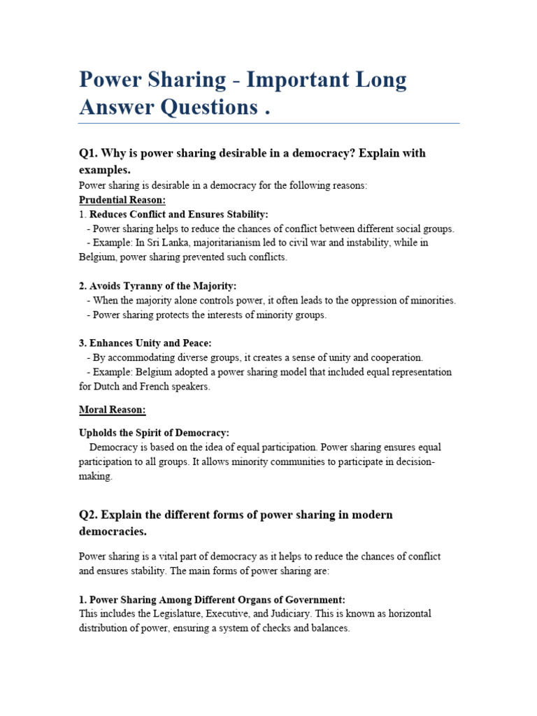 Power Sharing Class10 Important Questions | PDF | Democracy | Political ...