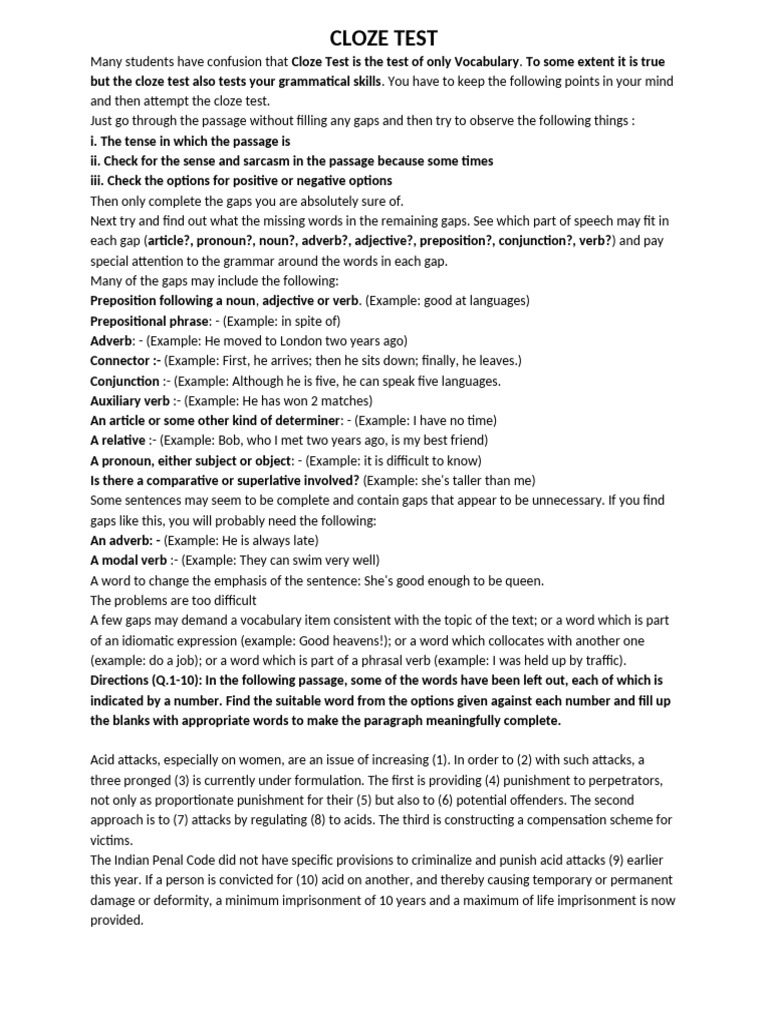 Cloze Test | PDF | Verb