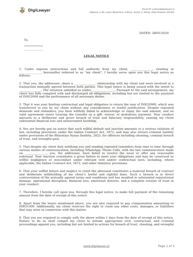 Money Recovery Notice - Notice | PDF | Breach Of Contract | Fiduciary