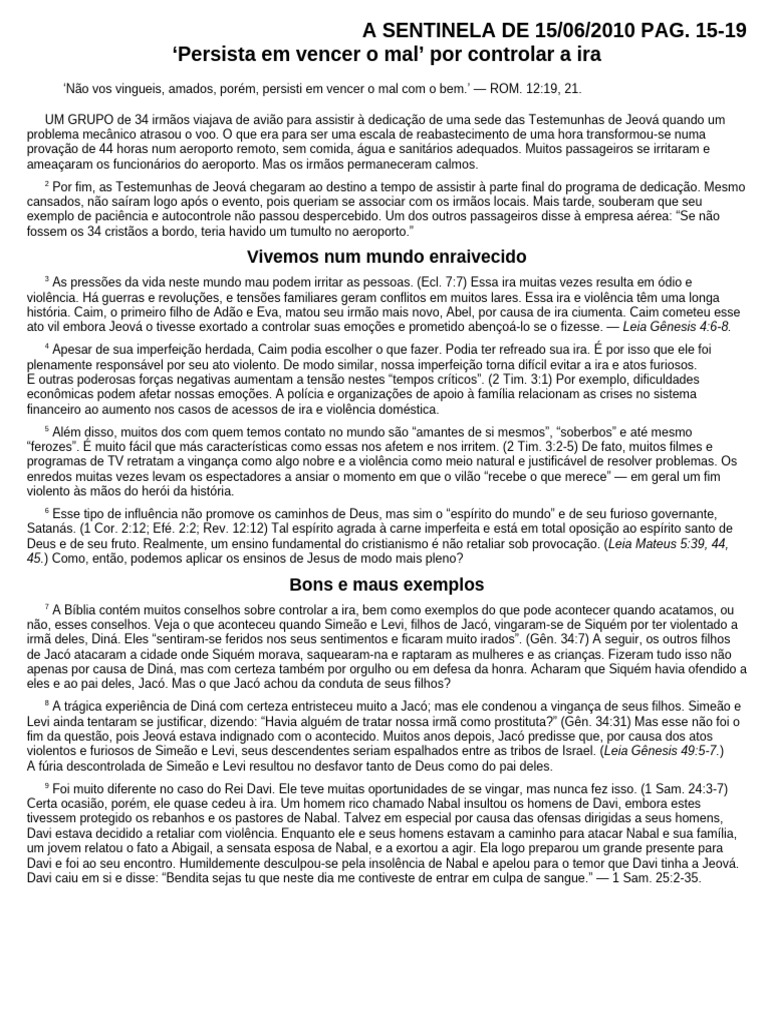 ‘Persista Em Vencer o Mal’ Por Controlar a Ira | PDF | Jacó | Davi