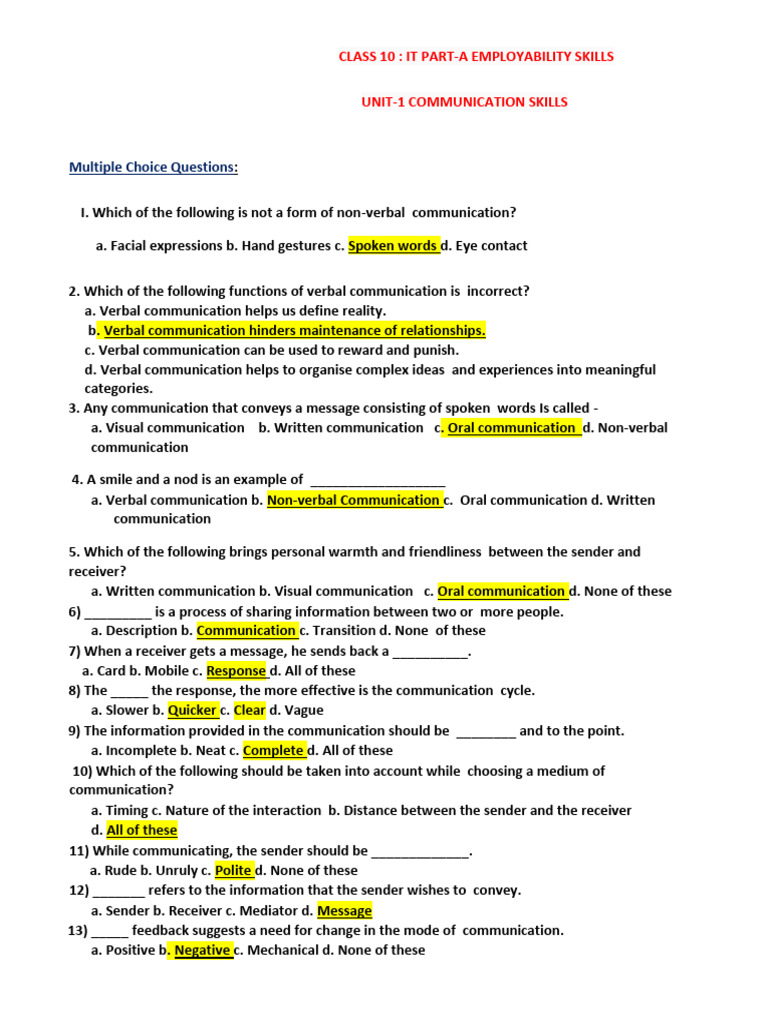 Class 10 Part-A Employabilty Skills Question Bank 2024 | PDF ...