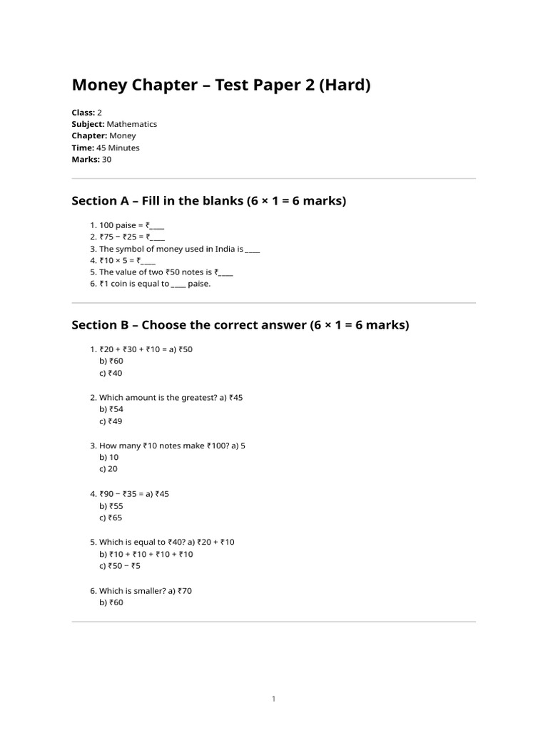 Money Chapter Test Paper | PDF