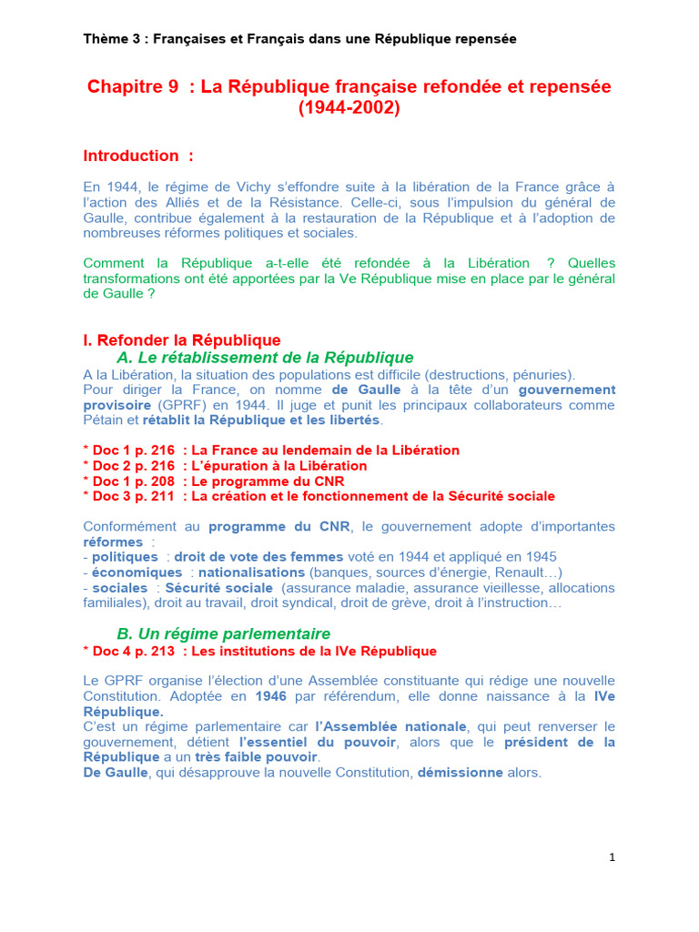 Fiche République 1944 À Nos Jours | PDF | Charles de Gaulle | Gouvernement