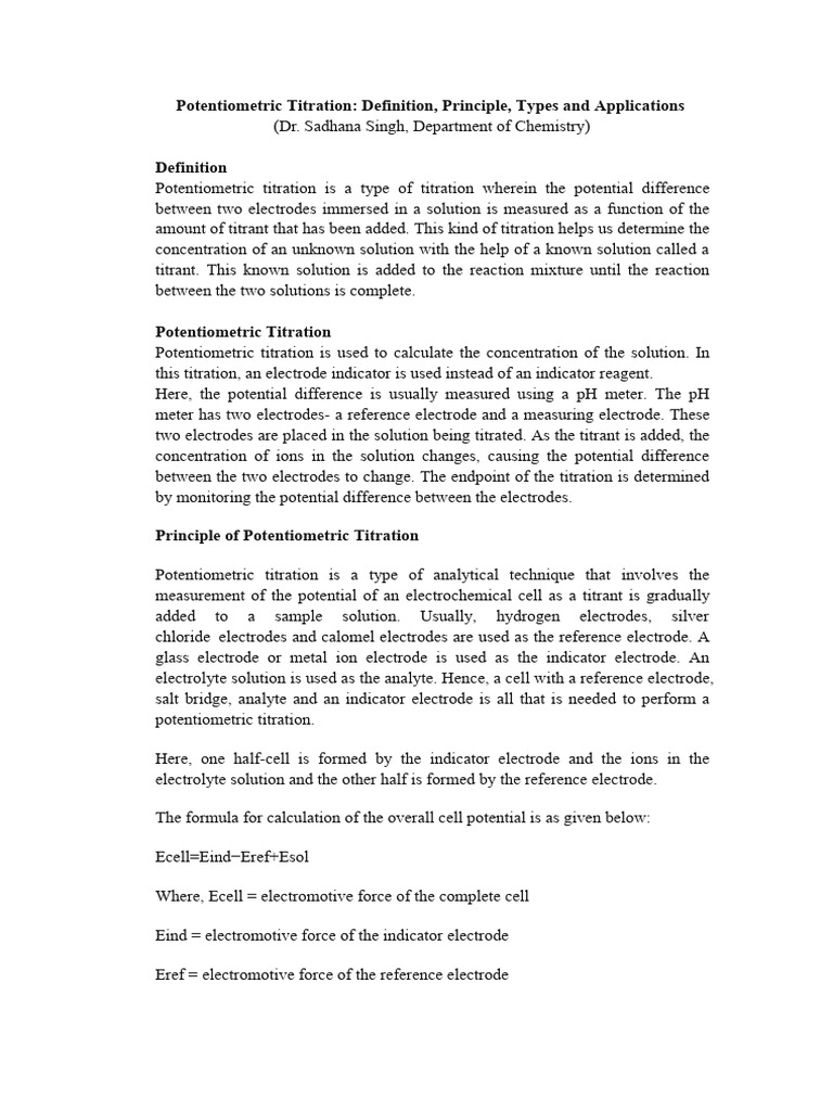 Potentiometric Titration, Principle, Types.. (2) 1 | PDF | Titration ...