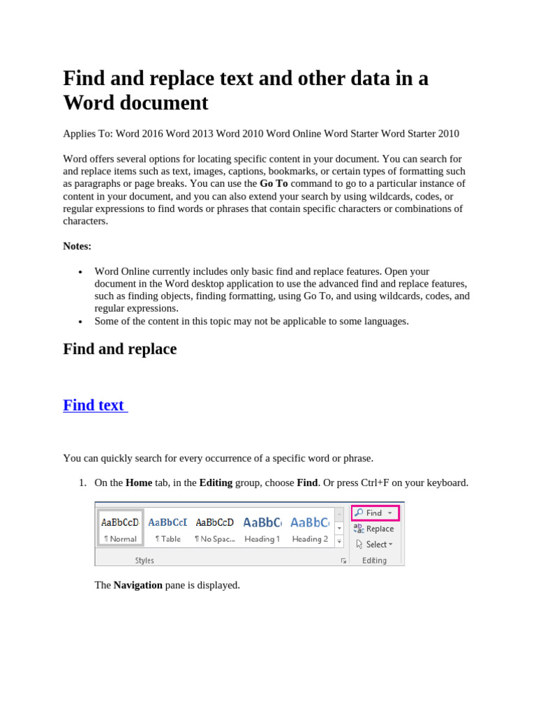 WORD_Find and Replace Text and Other Data in a Word Document | PDF ...