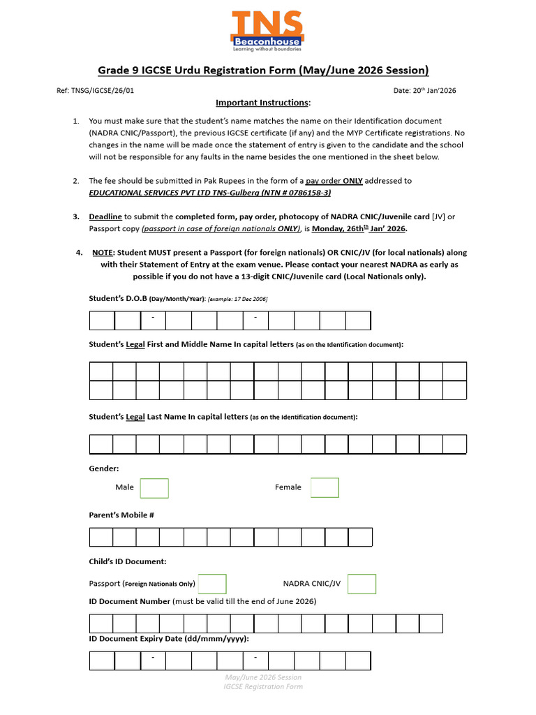 Grade 9 IGCSE Urdu Registration Form 2025 Session.docx | PDF | Identity ...
