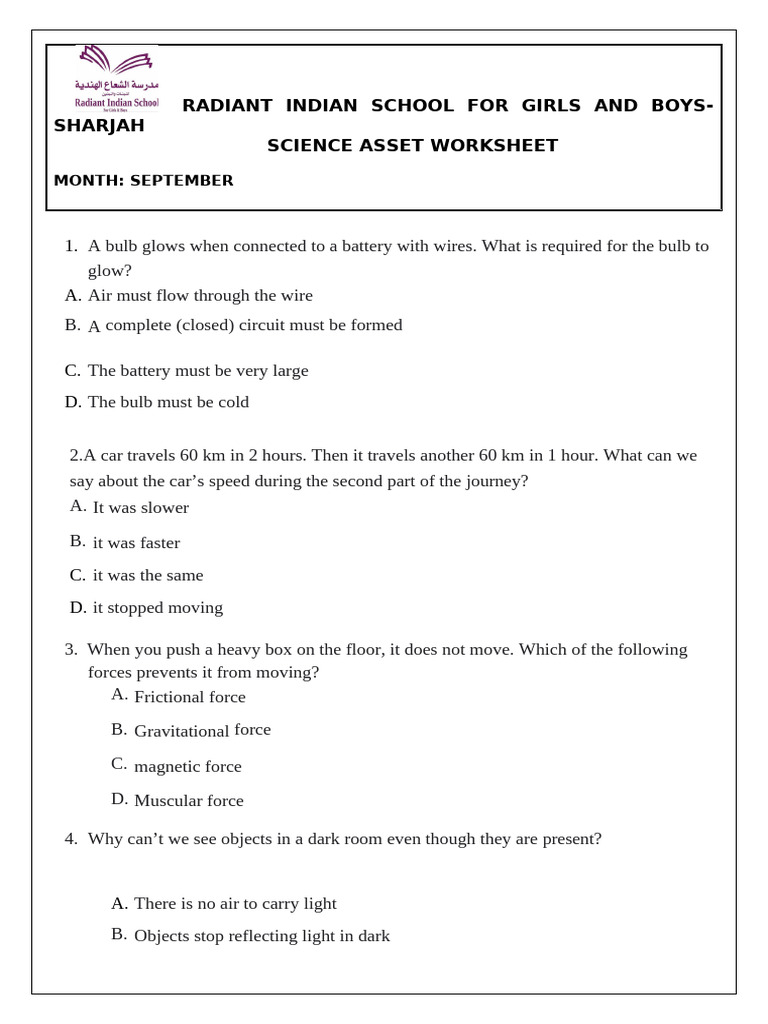 Science Asset Worksheet- September | PDF