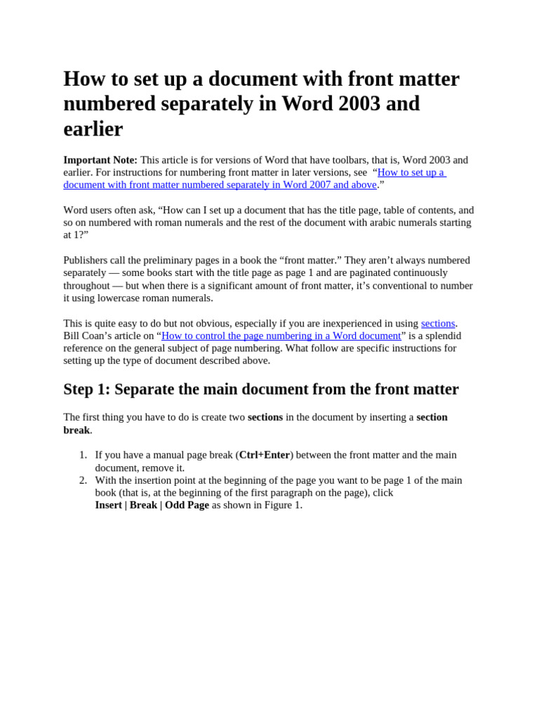 WORD_Front Matter Numbered Separately in Word 2003 and Earlier | PDF ...