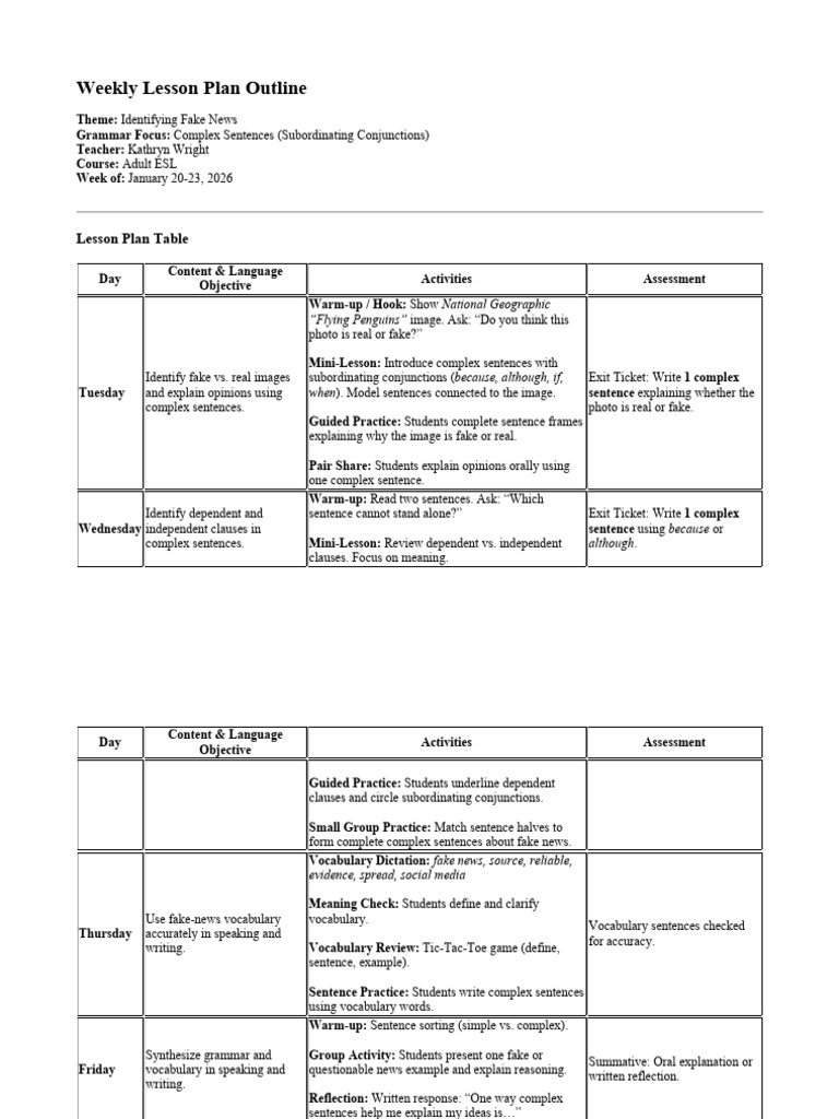 Weekly Outline, Jan 20-23 | PDF | Vocabulary | Sentence (Linguistics)