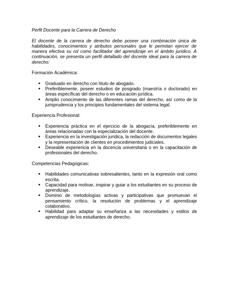 Perfil Docente Para La Carrera de Derecho | PDF | Maestros | Aprendizaje