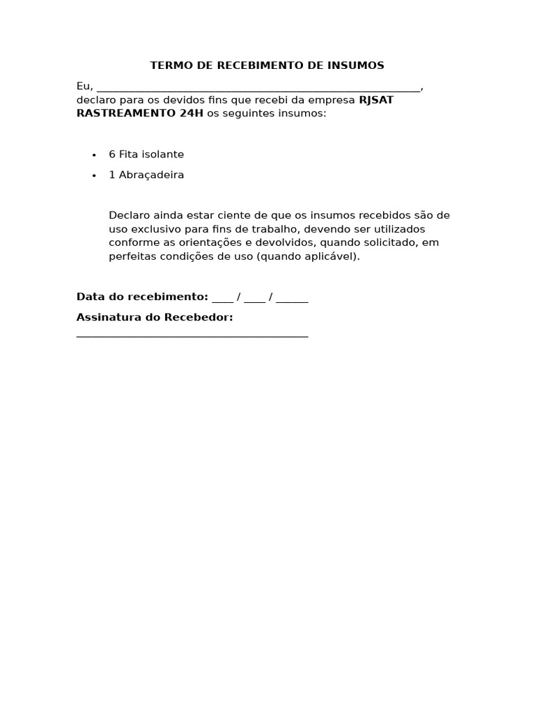 Termo de Recebimento de Insumos - Marcelo 2 | PDF