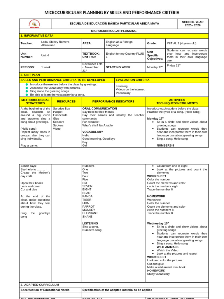 Microcurricular Planning by Skills and Performance Criteria Initial 2 4 ...