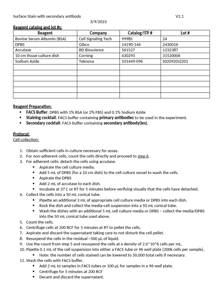 Protocol Template FACS - Simple Surface Stain With Secondary | PDF ...