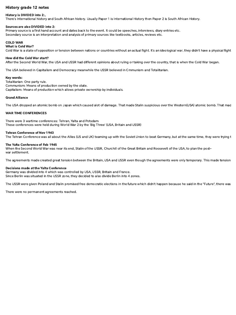 History Grade 12 Notes | PDF
