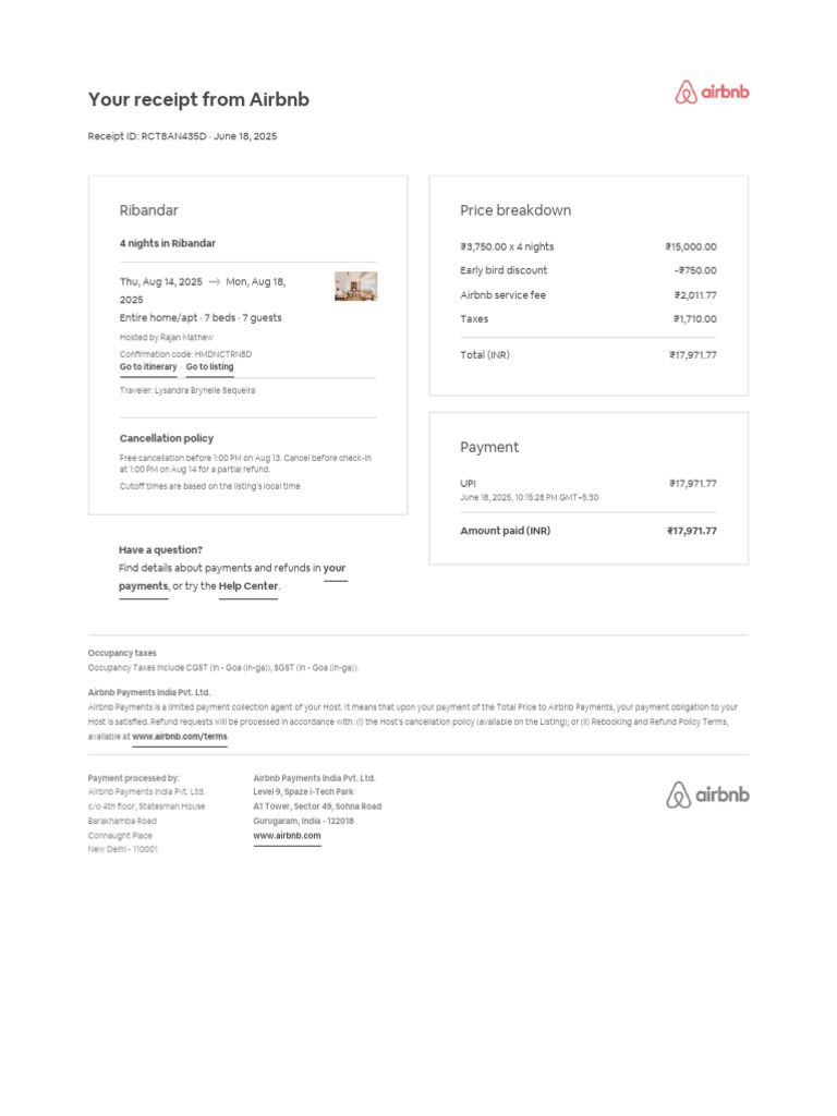 Receipt Goa Stay | PDF | Services (Economics) | Business