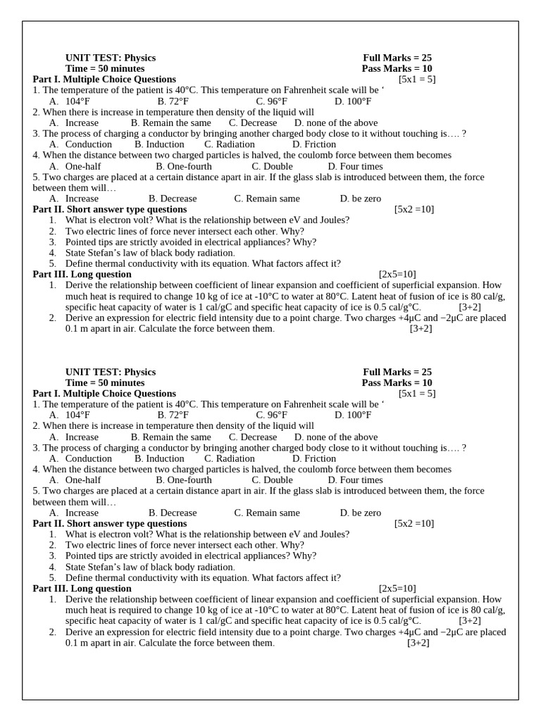 All Nepal_ UNIT TEST_ Physics (1) | PDF | Temperature | Electrical ...