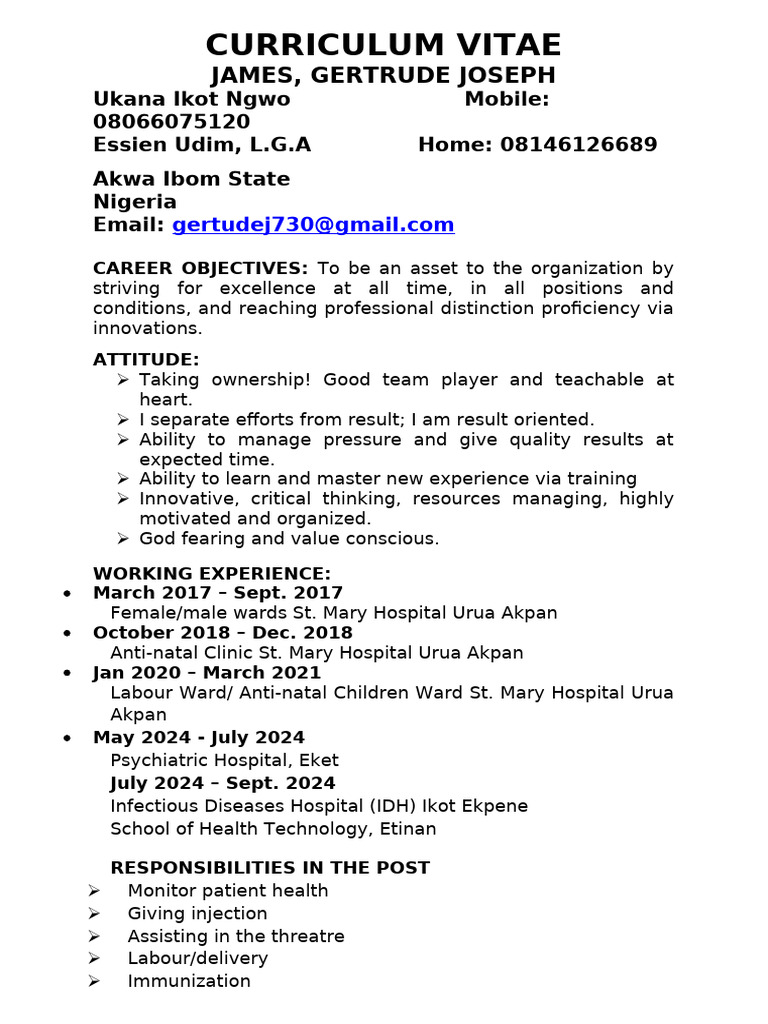 Curriculum Vitae James Gertrude Joseph | PDF | Hospital | Health Care