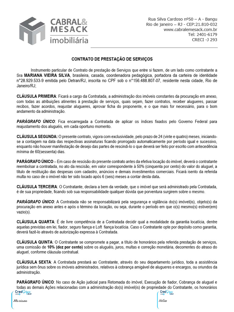 Contrato Prestação de Serviços Mariana Vieira Da Silva Est. Da Água ...