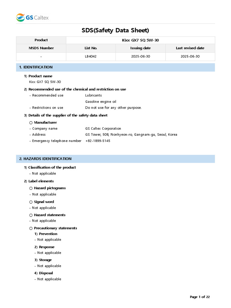 MSDS - 2025-06-30 - LB4042 - Kixx GX7 SQ 5W-30 - en - 1.0 | PDF ...