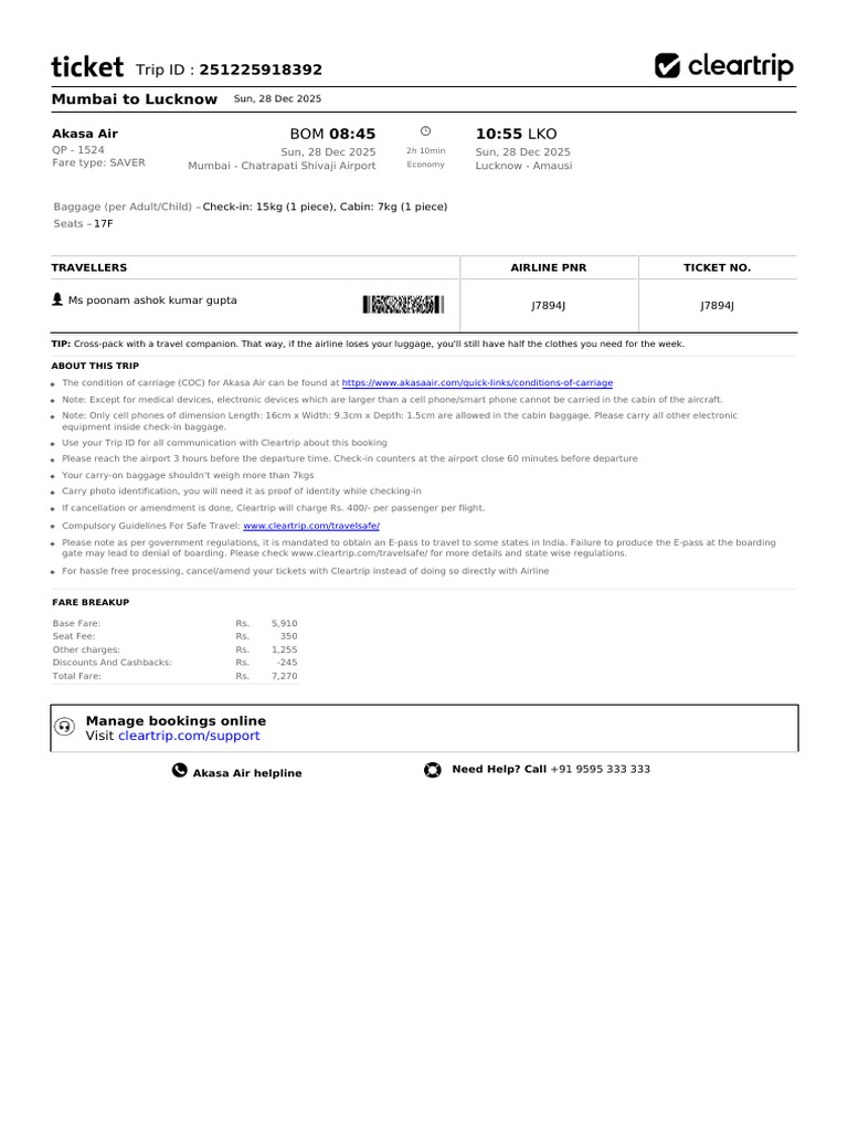 Cleartrip Flight E-Ticket | PDF | Baggage | Aviation