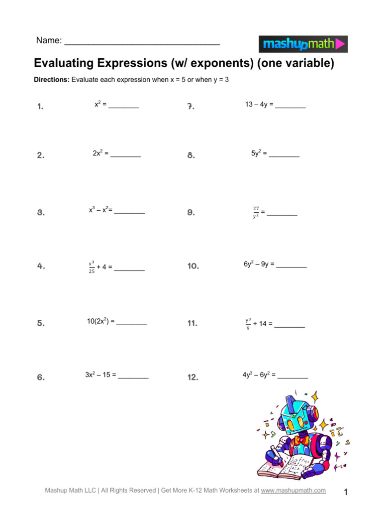 Evaluating+Expressions+ (W +exponents) + (One+Variable) + (A) | PDF