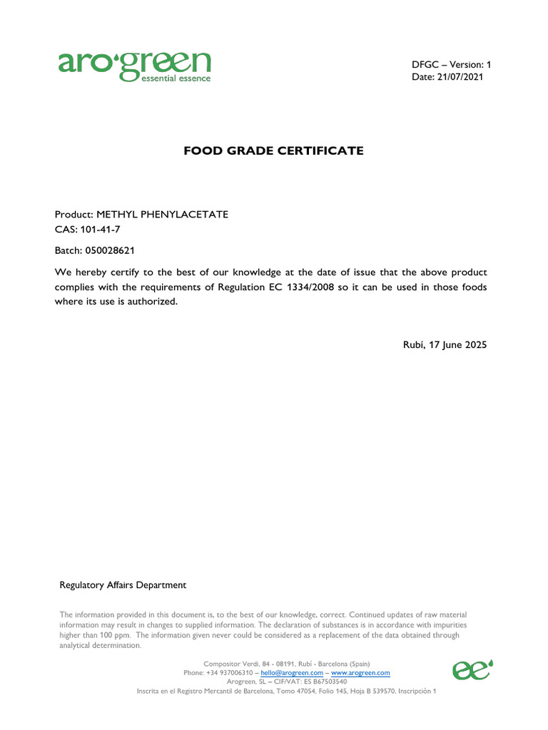 Food Grade Certificate - DFGC Rev1 | PDF