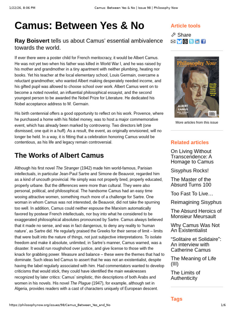 Camus - Between Yes & No - Issue 98 - Philosophy Now | PDF | Albert ...